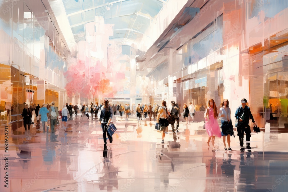 Watercolor picture of modern busy and crowded shopping mall in pastel ...