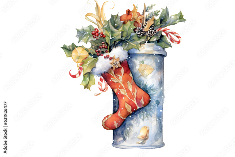 christmas stocking in watercolor clipart design isolated against ...