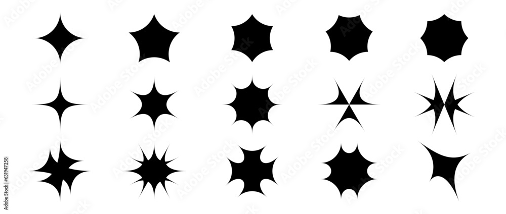 Black star and sparkle shapes set. Retro bling icons collection. Abstract y2k starburst and ...