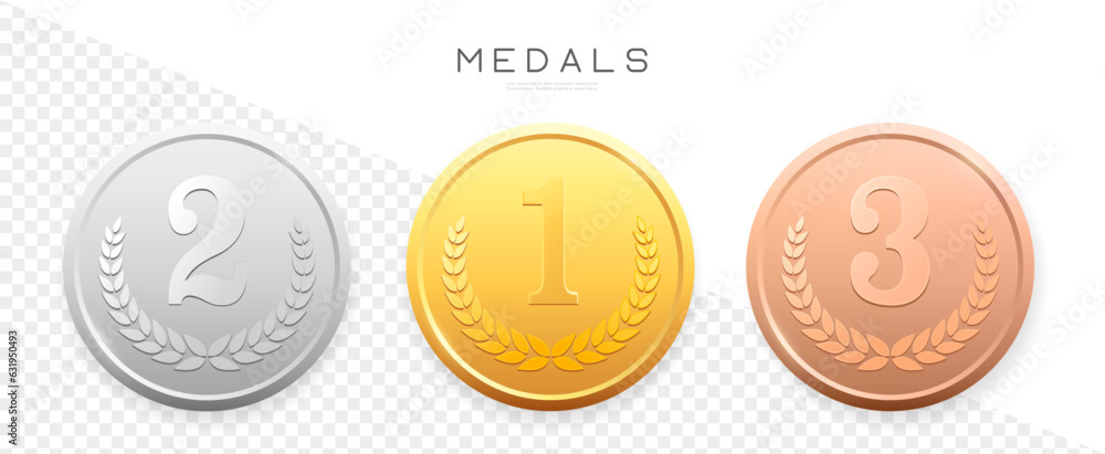 Gold, Silver, Bronze medals set. Vector realistic badge with First ...