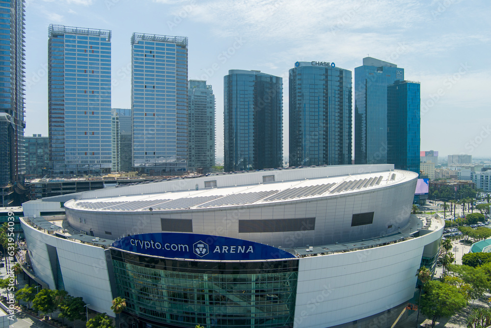 Crypto.com Arena with skyscrapers, hotels and office buildings in the ...