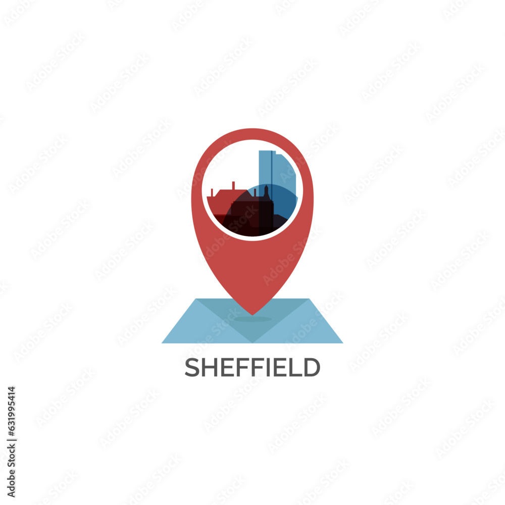 UK, England, Sheffield map pin point, geolocation icon, skyline shape ...