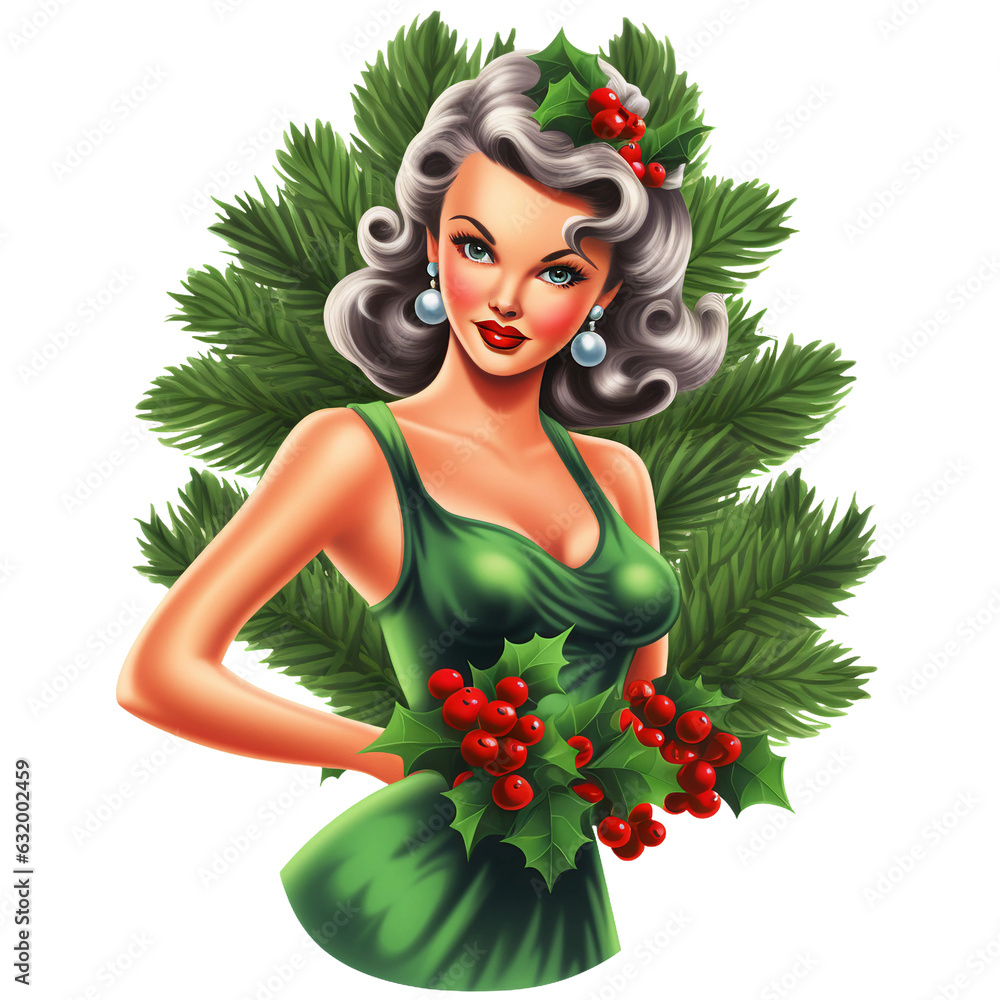Vintage Christmas pinup girl with green vibrant dress , pine tree and ...