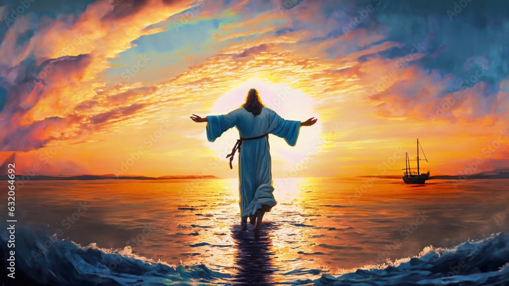 The figure of Jesus walks on water on a beautiful dramatic sunset ...