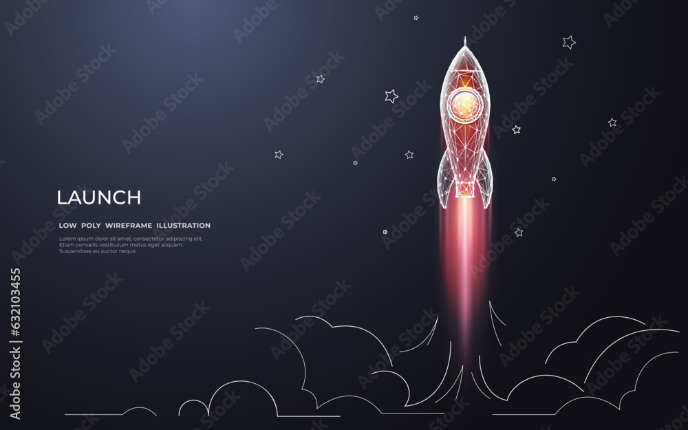 Abstract digital launching rocket with fire on dark background with white doodle elements. Low ...