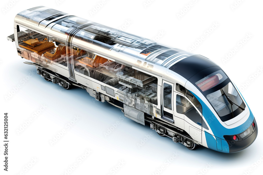 Projection of a modern train or electric locomotive. 3D graphic ...