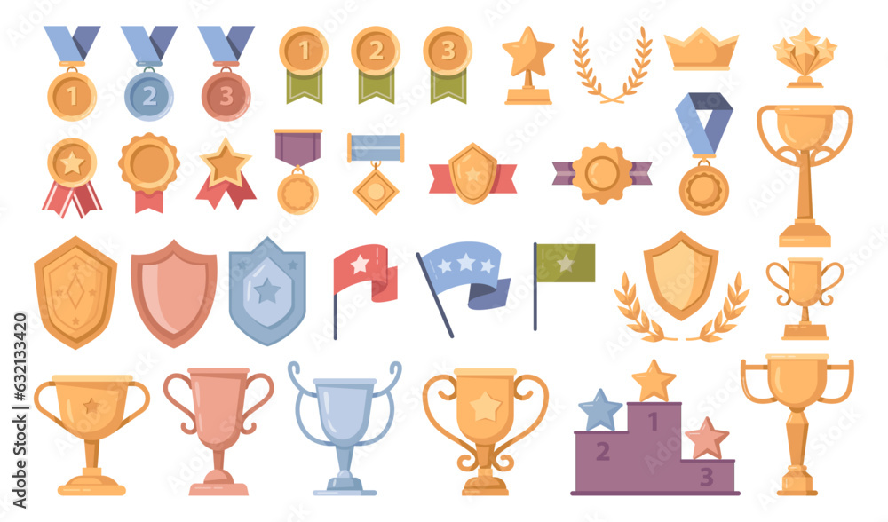 Set of trophy or awards for winners isolated. Golden, silver and bronze ...