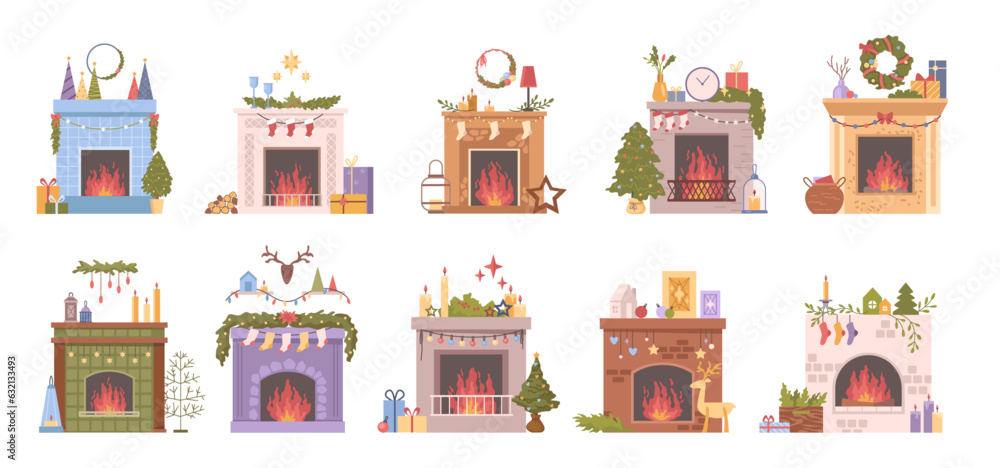 Christmas fireplaces set, flat cartoon vector illustration. Home fire ...