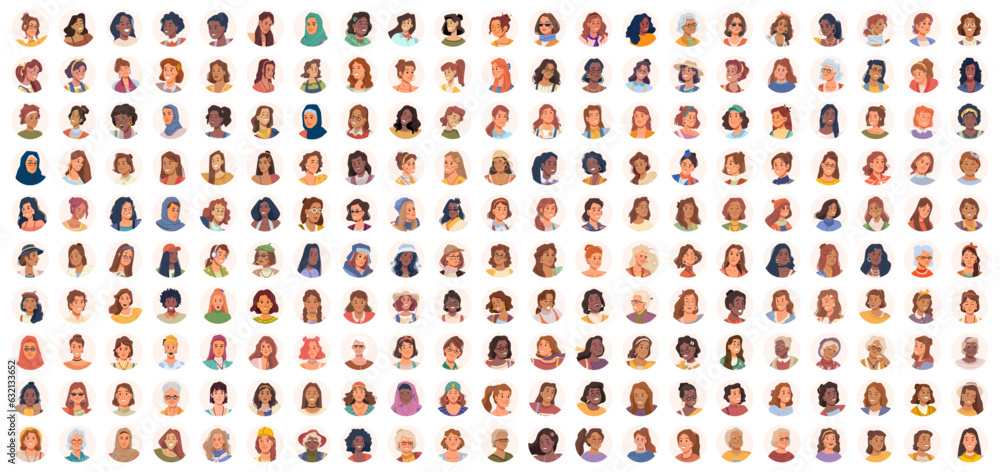 Portrait avatar icon women, big set of female user faces. Girls faces ...