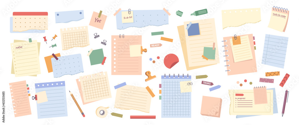 Modern paper notes on stickers vector illustration set. Office ...