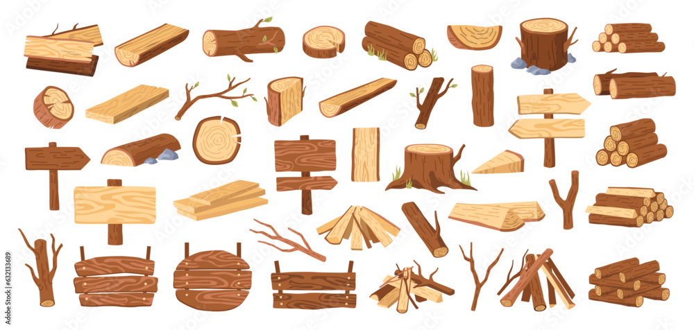 Wood tree logs, stumps and trunks, wooden pieces flat cartoon vector ...