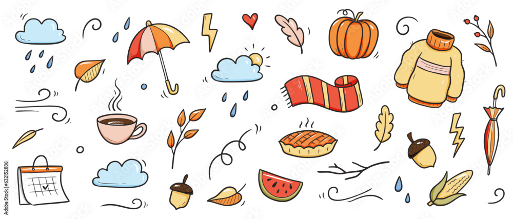 Autumn doodle vector set. Hand drawn doodle sketch style nature fall ...