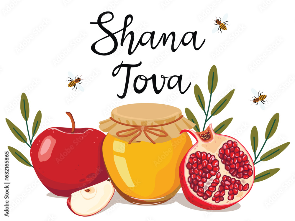 Rosh Hashanah greeting card design with hand drawing simbols of jewish new year apple, honey and ...