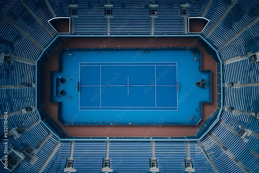 Top view of stadium with blue tennis court and empty seats before ...