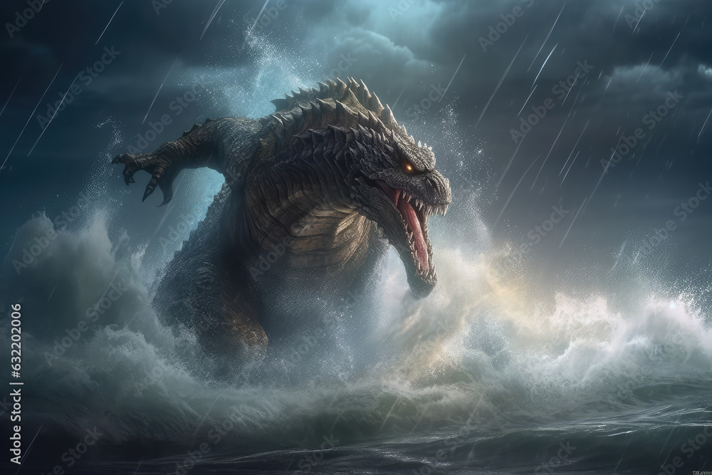 Intense kaiju like lizard monster in a violent ocean storm with thunder ...
