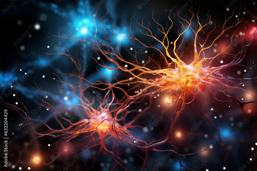 Human brain cell with dendrites, active nerve cells, brain activity ...