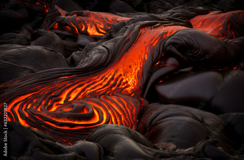 Generative AI image of red hot lava, molten magma flows onto solidified ...