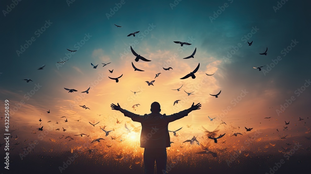 Man experiences freedom and adventure while raising hands against ...