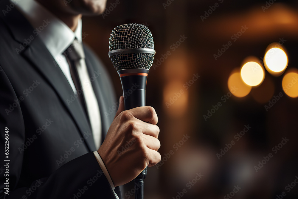 Business Man Holding Microphone, Delivering Speech in Suit for Audience ...