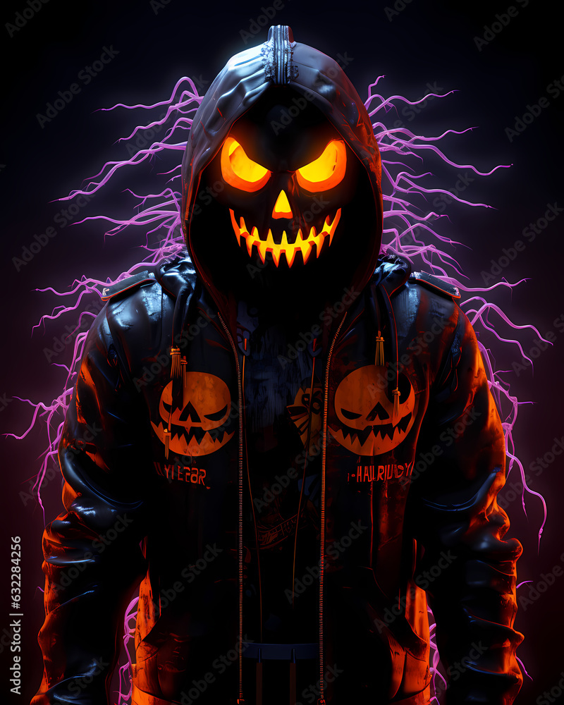 Halloween headless horseman, pumpkin, RTX , NEON LIGHTS, 4:5 aspect ...
