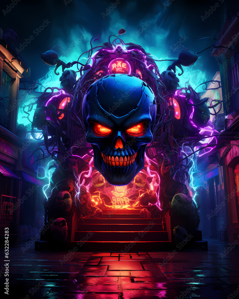 Halloween headless horseman, pumpkin, RTX , NEON LIGHTS, 4:5 aspect ...