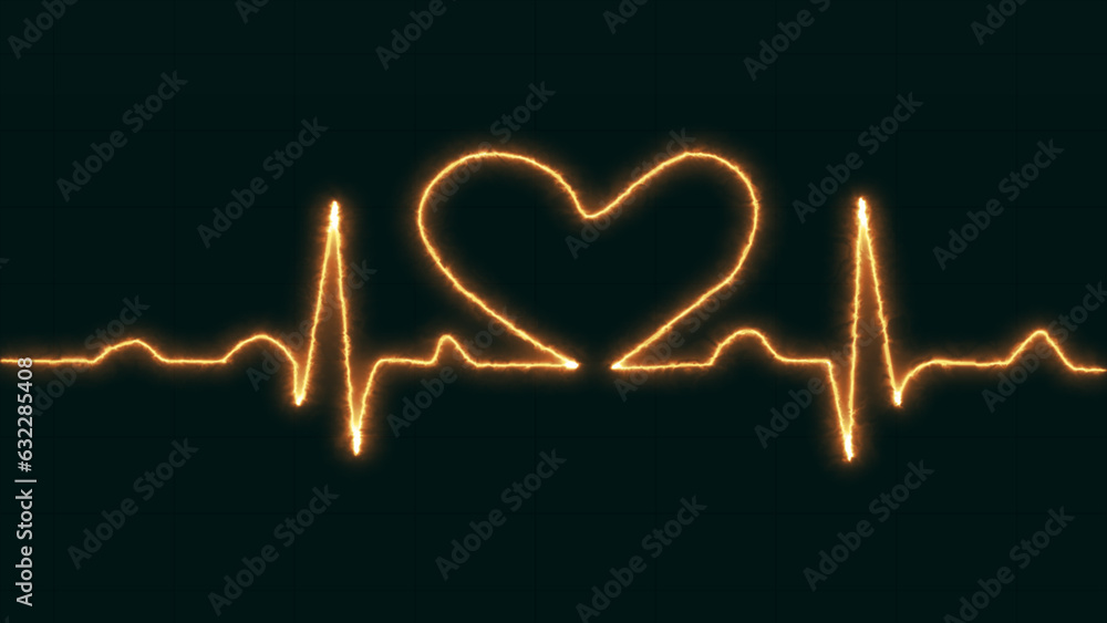 Bright red fire neon love shape heartbeat line icon isolated on blue ...