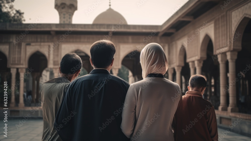 Muslim family view mosque. muslim family eid greetings back view, Jumma ...