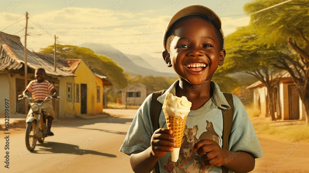 Little happy african child eating ice cream in a poor african village ...