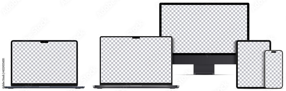 Mock-up screen 2023-2024 yers. Set devices black colors. Laptop pro and ...