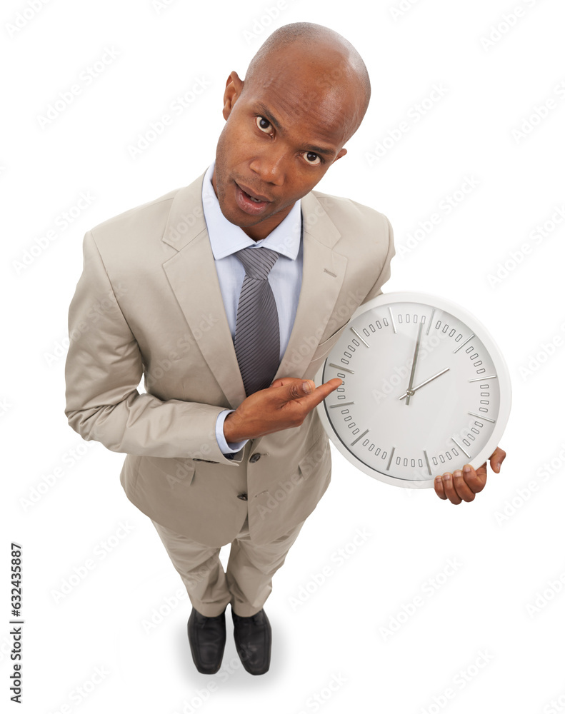 Business man, clock and confused portrait of time management with ...