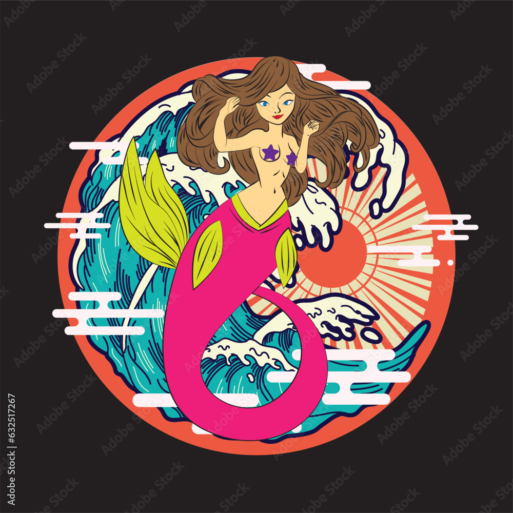Lovely mermaid with little turtle, vector illustration, children ...