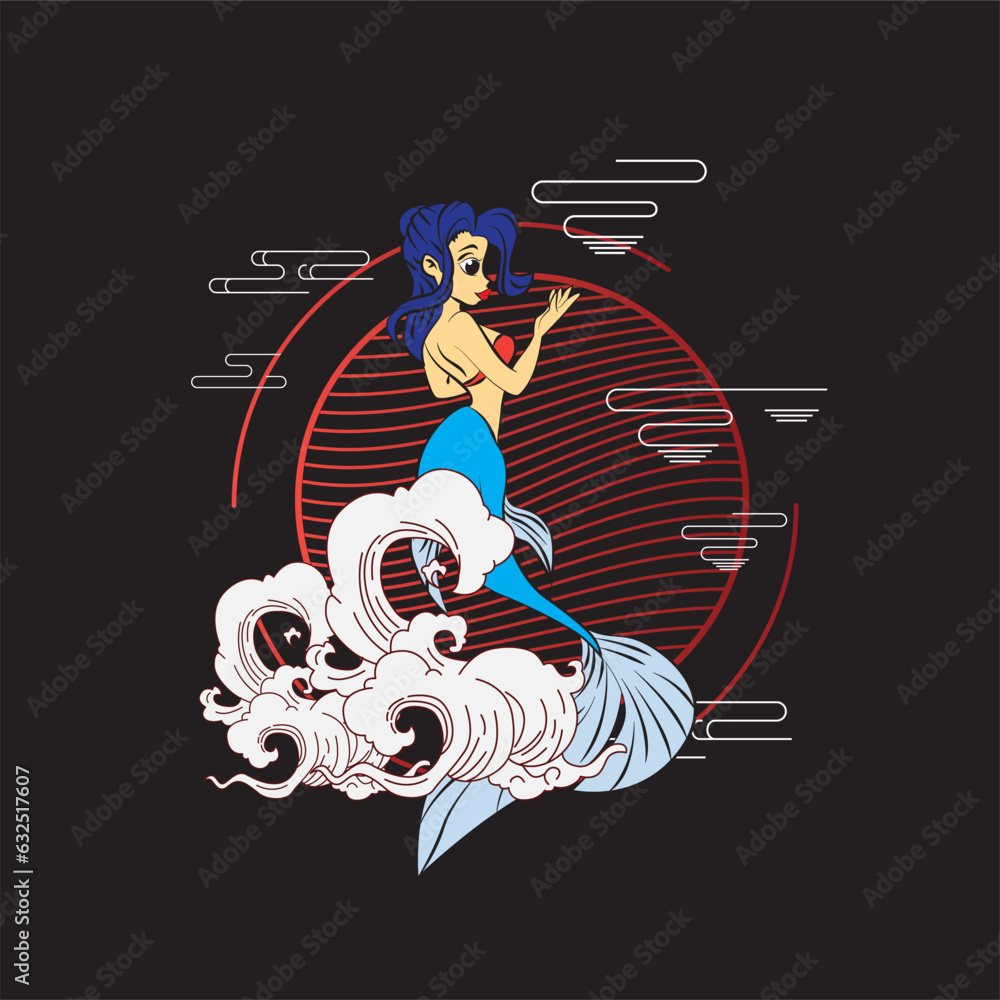 Lovely mermaid with little turtle, vector illustration, children ...