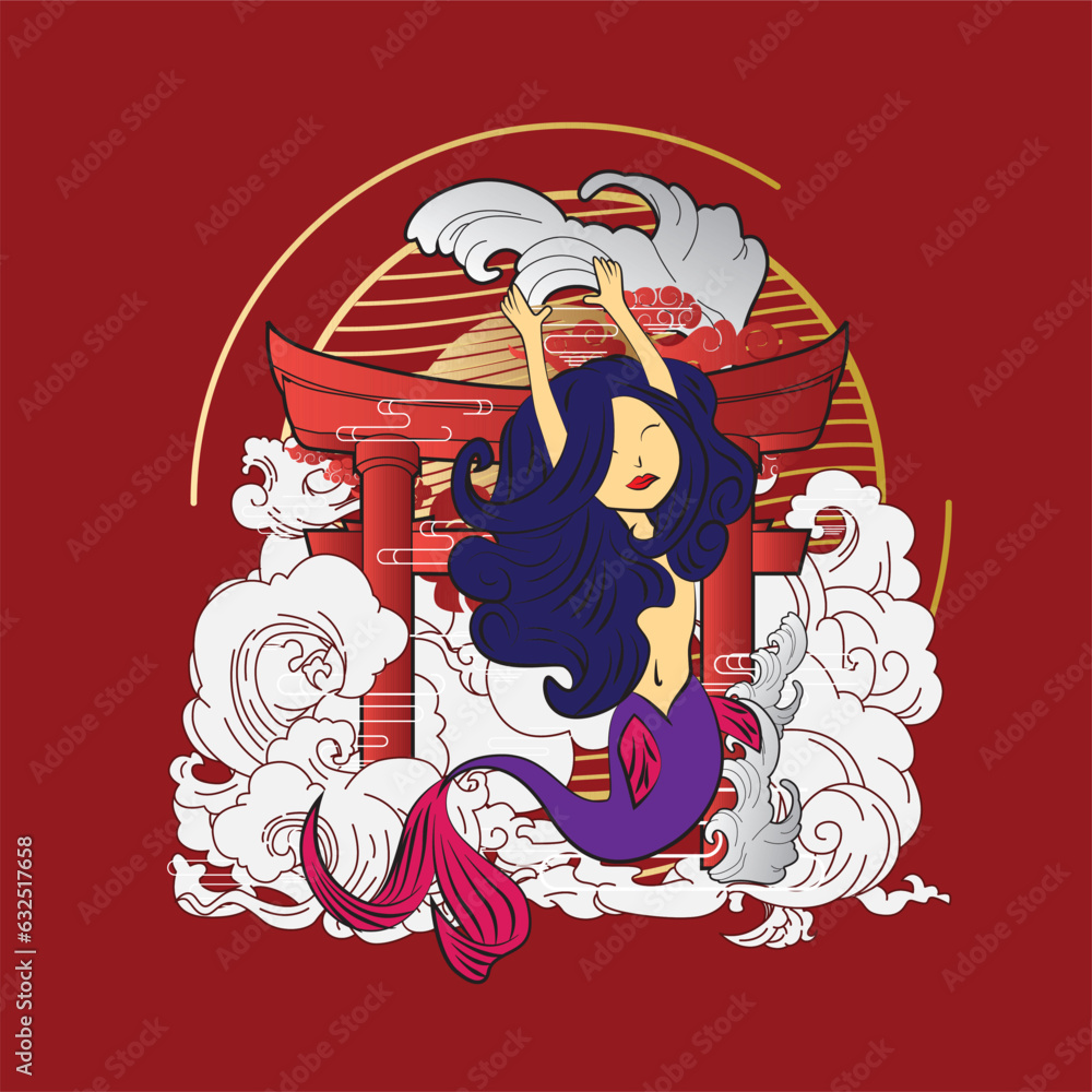 Lovely mermaid with little turtle, vector illustration, children ...