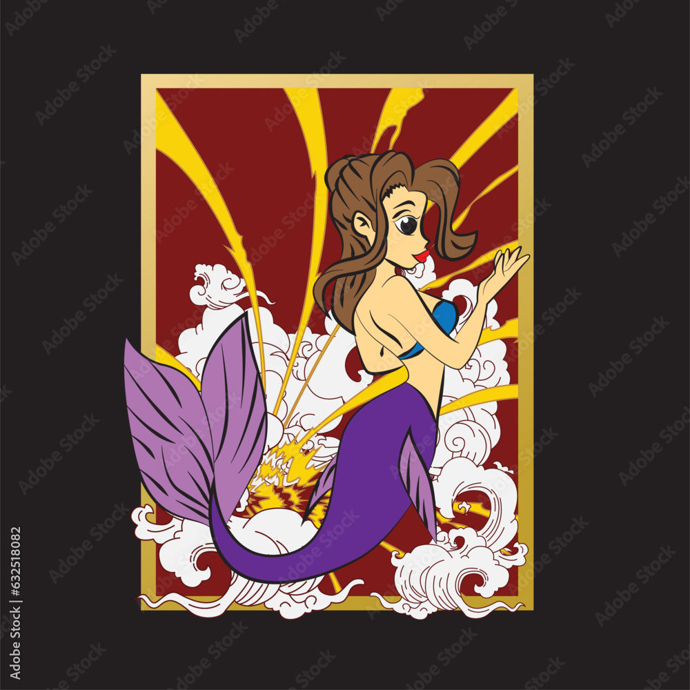 เวกเตอร์ Stock Lovely mermaid with little turtle, vector illustration ...