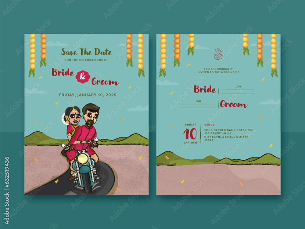 Indian Wedding Invitation Card Design with Illustration of Groom and ...