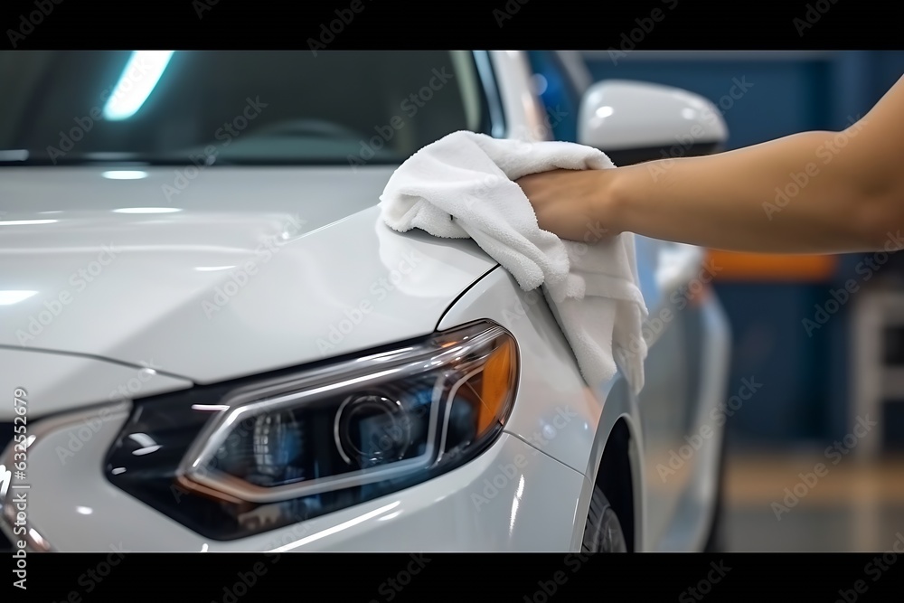Generative AI : A mans hand wipe the car with microfiber cloth Cleaning ...