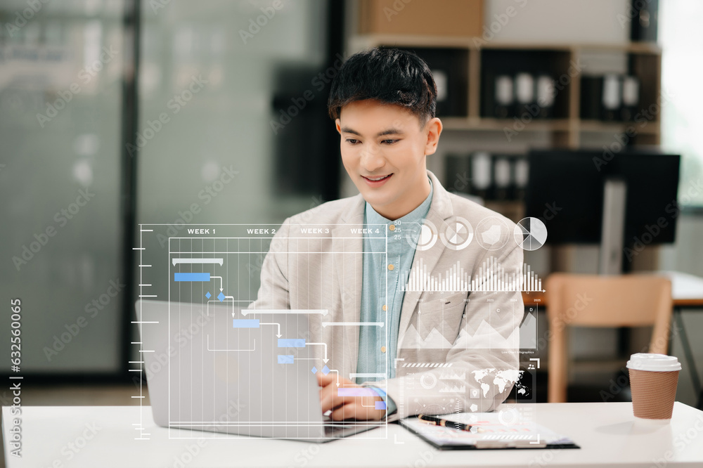 Businessman hand Project manager working and update tasks and Gantt ...