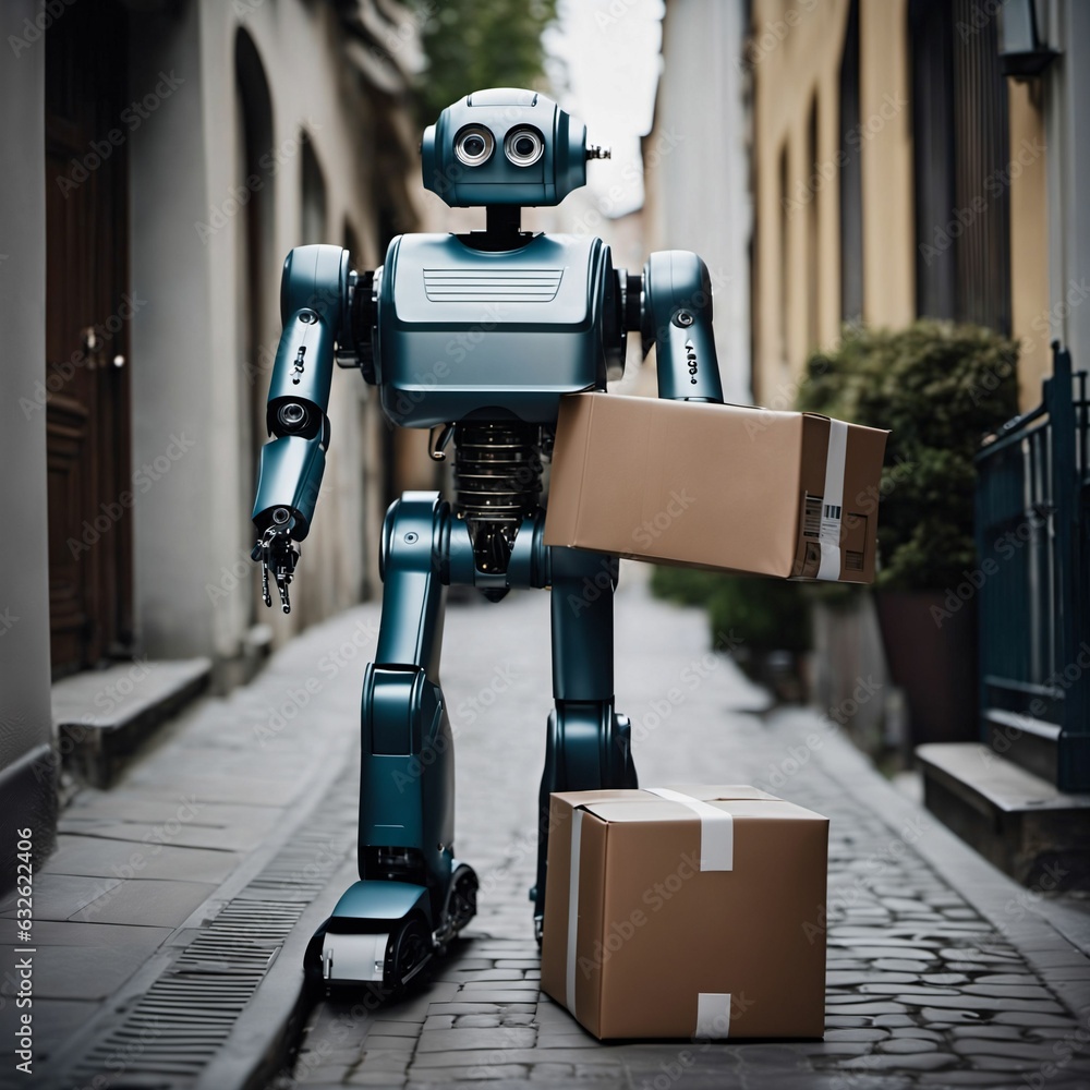Humanoid android delivery robot service. Parcel box. Package delivery. Robotic mailman. Postal ...