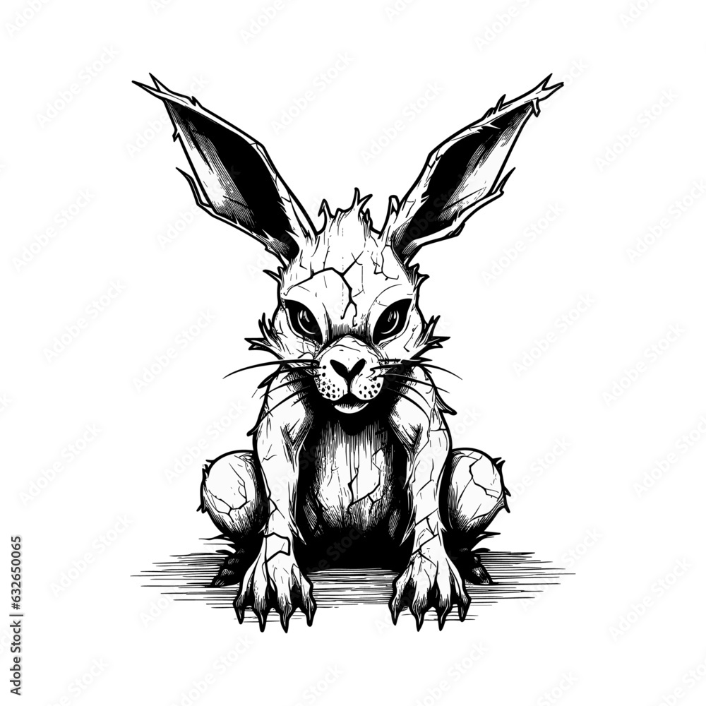 Black and White Hand-Drawn Illustration: Zombie Rabbit Outline Design ...