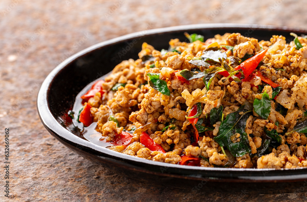 Stir Fried Holy Basil with Minced Pork, one of popular Thai food, Pad ...