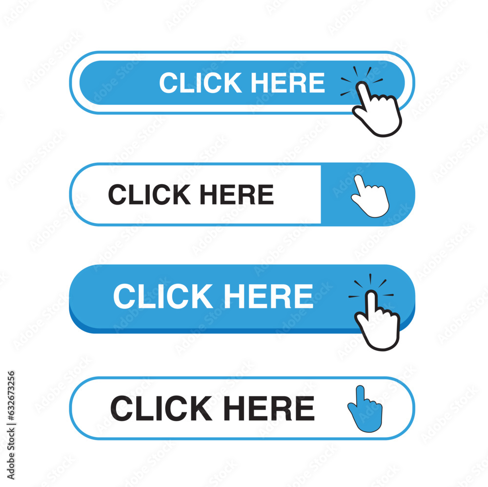 Banner de click aquí en color celeste sobre un fondo blanco. Vector ...