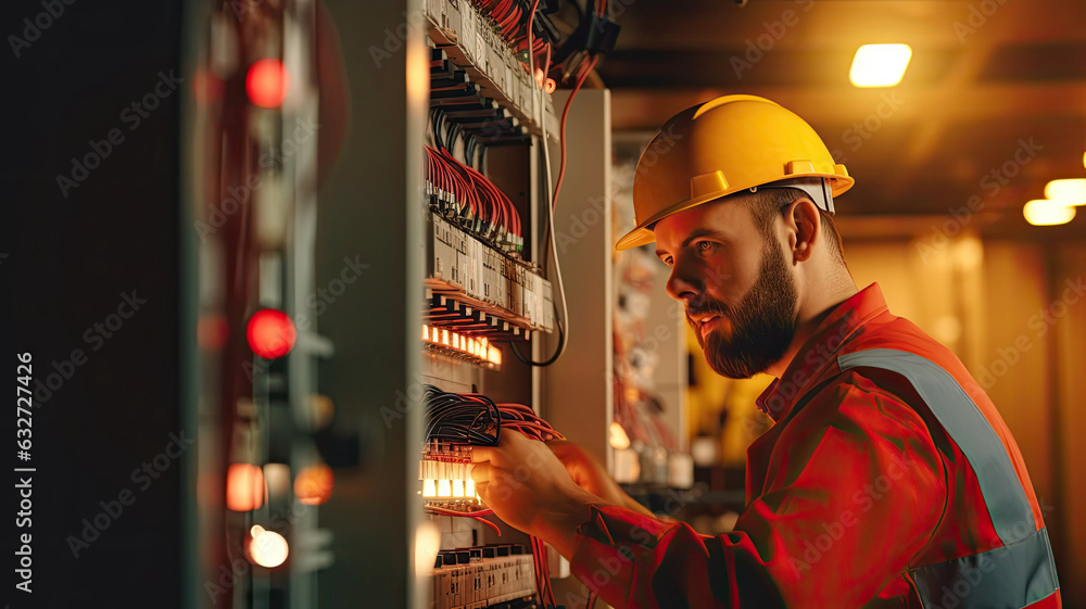 photograph of Electrician engineer tests electrical installations and ...