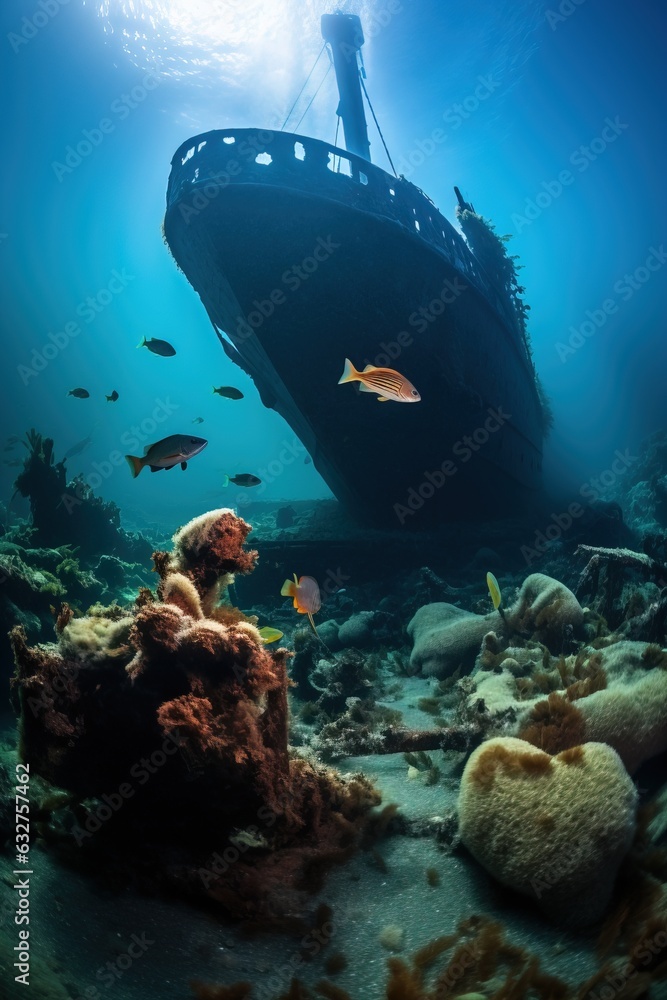 Huge Wreck of a Ship Destroyed located on the Floor of the Ocean. Stock ...