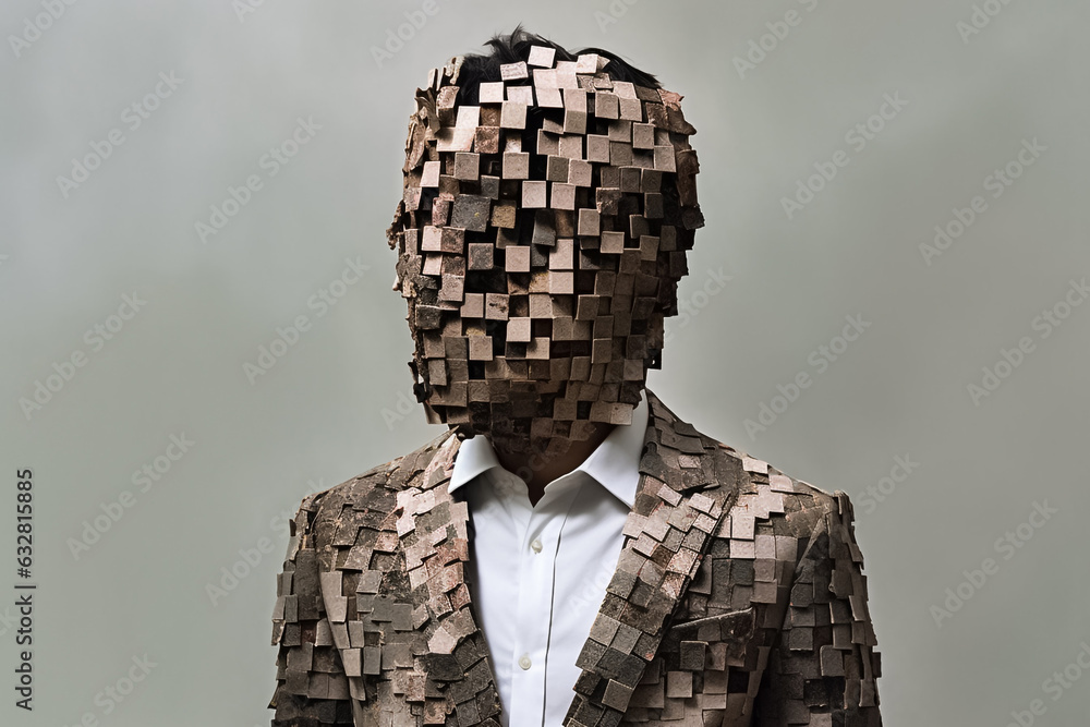 a man fragmented into cube-like pieces, forming a mosaic that ...