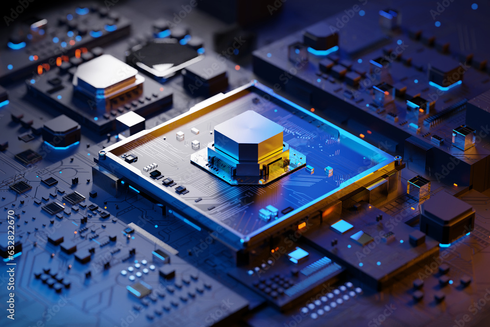 3D Rendering. CPU Central Computer Processors Cyber technology concept. Motherboard and digital ...