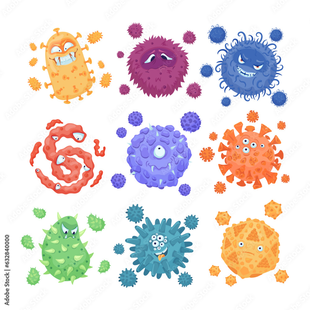 Comic viruses with funny faces vector illustrations set. Collection of ...