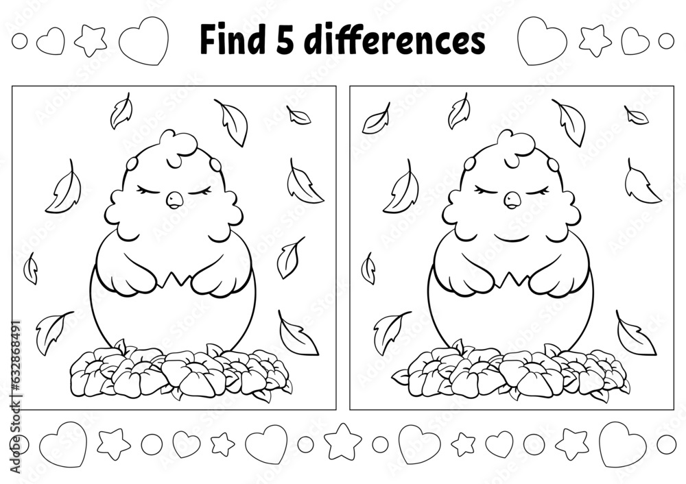 Find five differences. Easter theme. Coloring page for kids. Activity worksheet for children ...