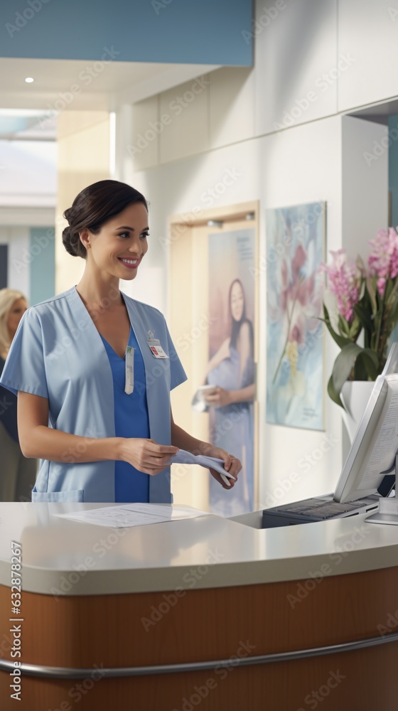 hospital reception area where patients are checking in, with a focus on ...