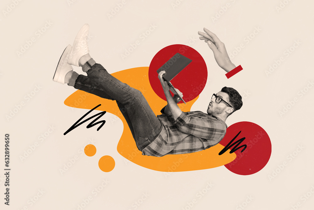 Composite photo collage of astonished excited man look at laptop ...
