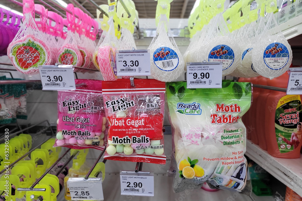 PENANG, MALAYSIA - 11 JULY 2023: Various choices of mothballs display ...